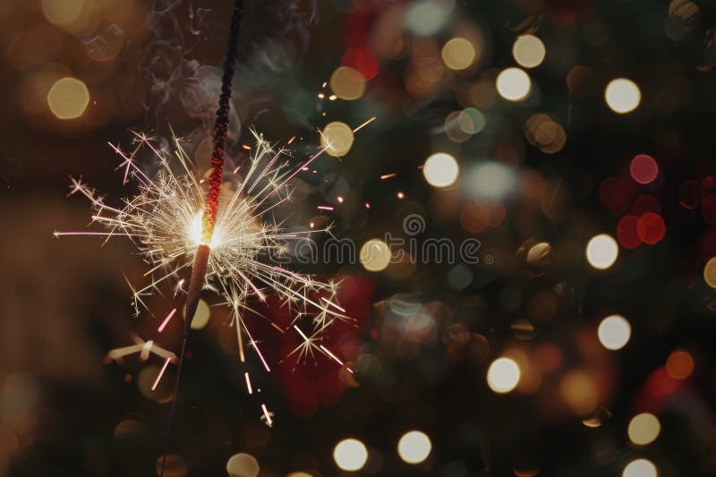A Sparkler Hangs from a String Near a Decorated Christmas Tree Stock ...