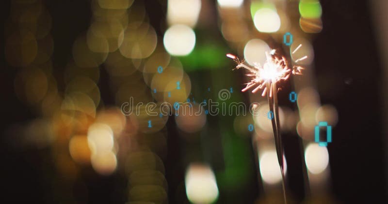 Sparklers with Binary Code Animation Over Blurred Festive Lights ...