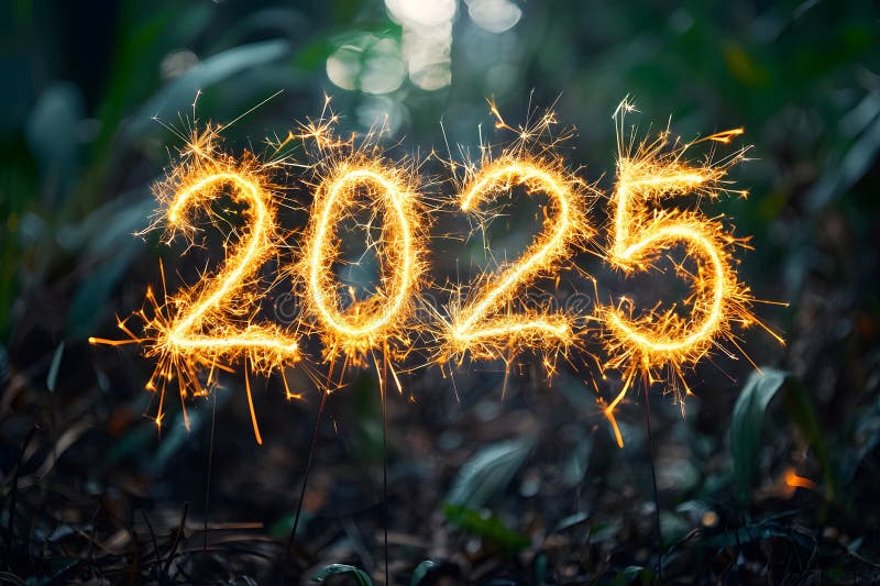 Sparklers Create Glowing Numbers 2025 in a Forest Setting at Night ...