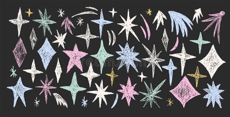 Sparkles Stars Doodle Set. Crayon Blings Pack on Chalkboard. Comets and ...