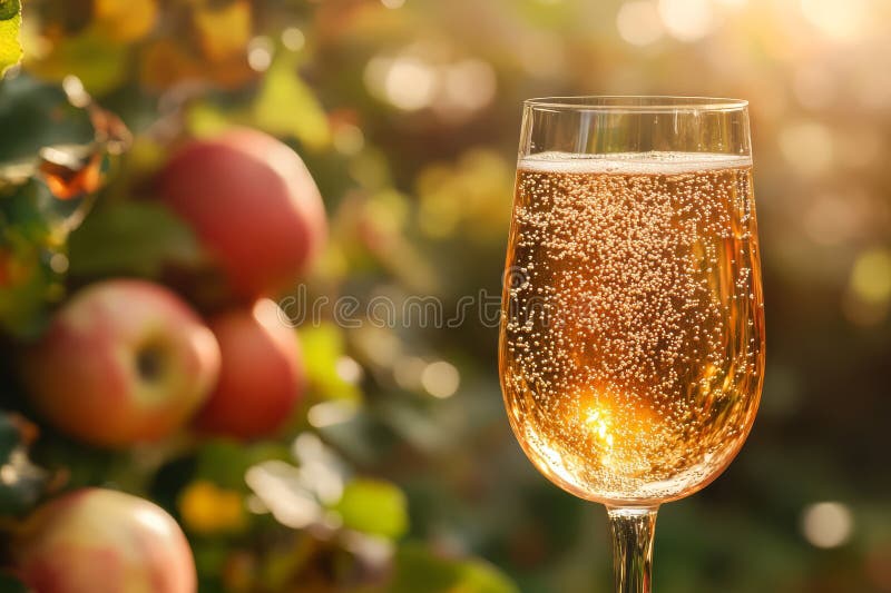 Sparkling Apple Cider with Bottle and Fresh Apples on Rustic Table in ...