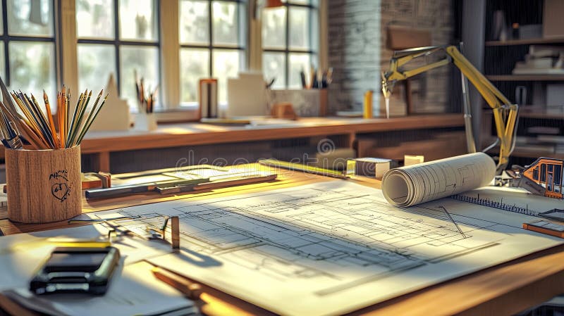 A Sparkling Architecture Drafting Desk with Blueprints, Rulers, and ...