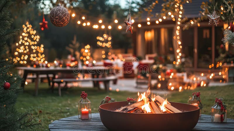 A Sparkling Backyard Holiday Party with Festive Decorations and a Fire ...