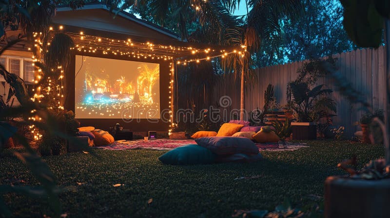 A Sparkling Backyard Movie Setup with a Projector, Beanbags, and Stock ...