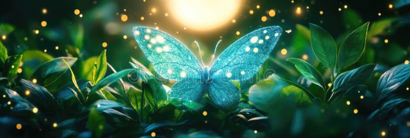 Sparkling Blue Butterfly in Enchanted Forest Under Moonlight Stock ...