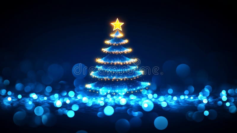 A Sparkling Blue Christmas Tree with Golden Lights Stock Illustration ...