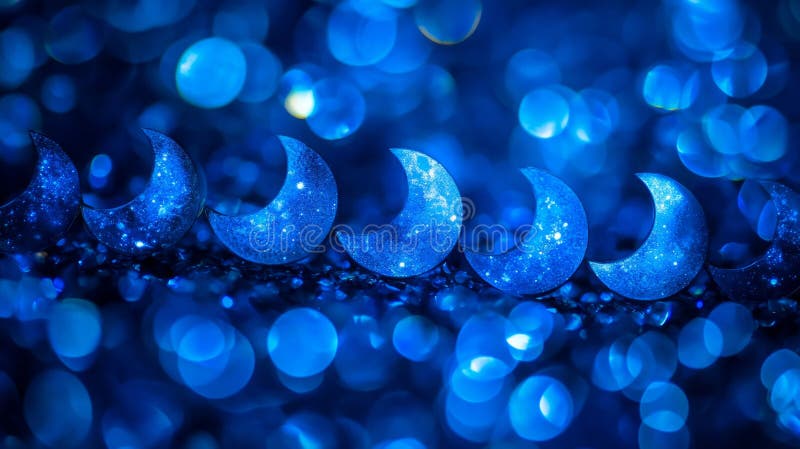 Sparkling Blue Crescent Moons on Dark Bokeh Background Stock ...