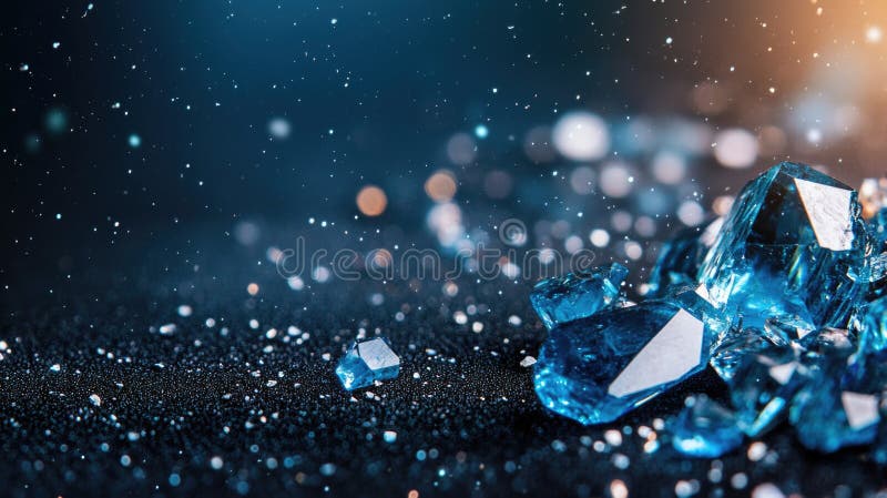 Sparkling Blue Crystals on Dark Background with Glittering Lights and ...