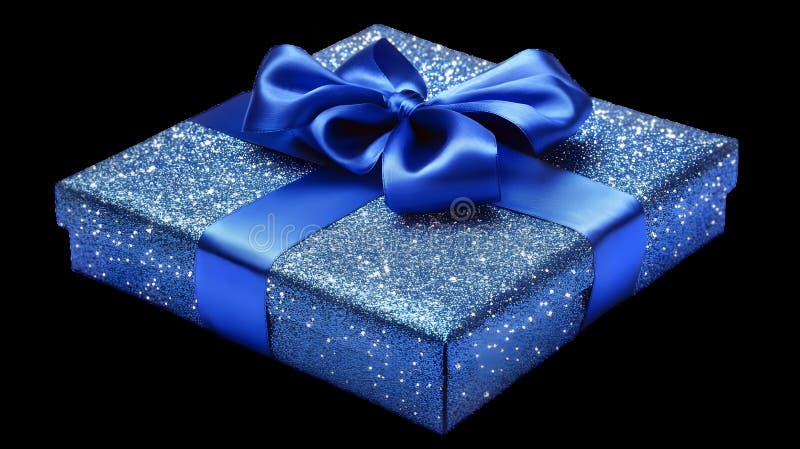 Sparkling Blue Gift Box with Satin Ribbon and Bow on White Background ...