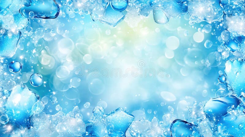 Sparkling Blue Ice and Water Droplets with Light Bokeh Effect Stock ...
