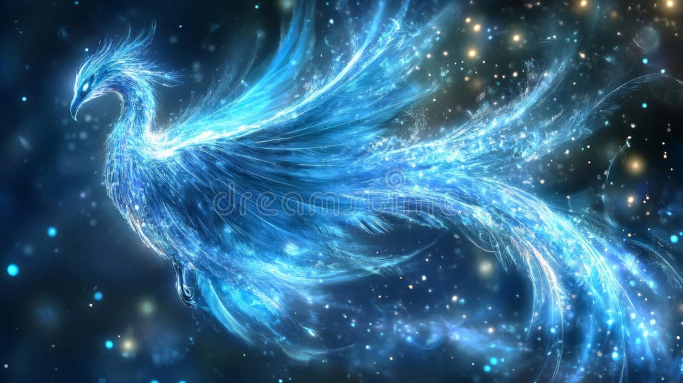 Sparkling Blue Phoenix in Flight with Glittering Celestial Background ...