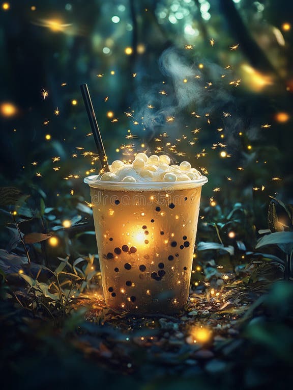 Sparkling Bubble Tea Cup Illuminated by Tiny Golden Lights in a Serene ...