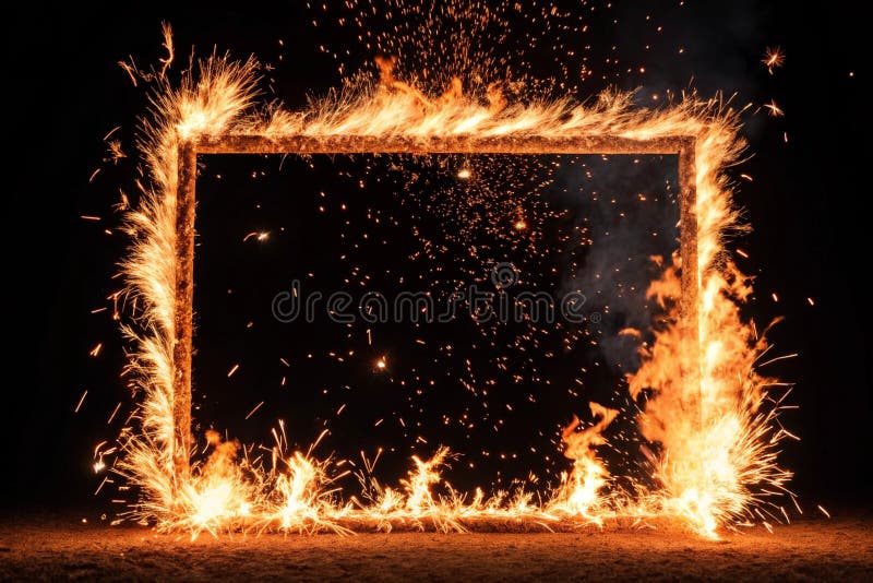 Sparkling Burning Frame on Black Background, Fire Show Stock ...