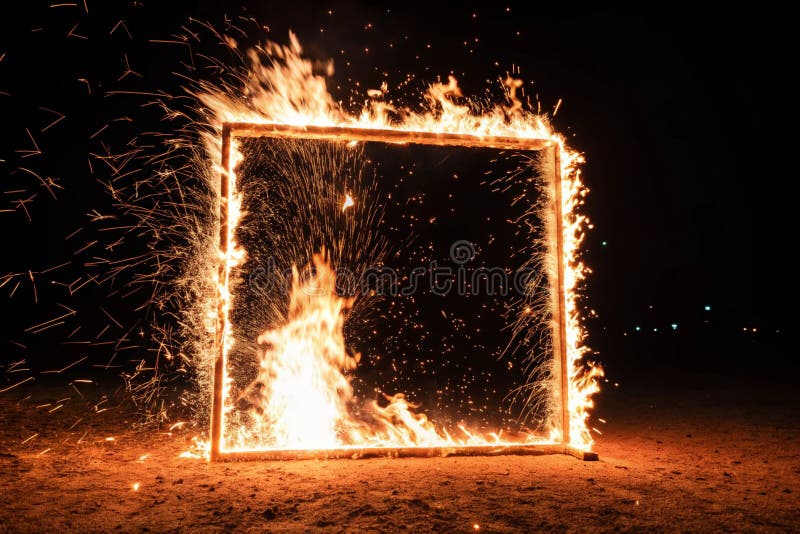 Sparkling Burning Frame on Black Background, Fire Show Stock ...