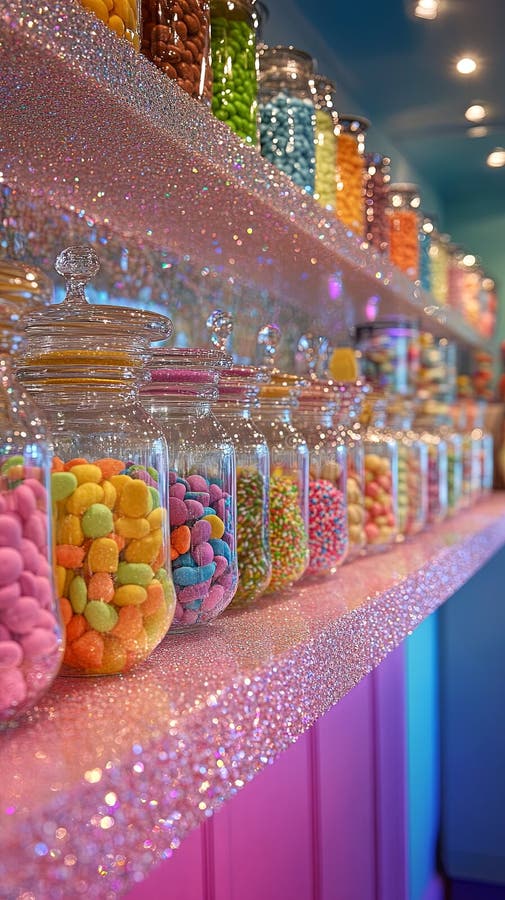 A Sparkling Candy Counter Filled with Jars of Brightly Colored Sweets ...