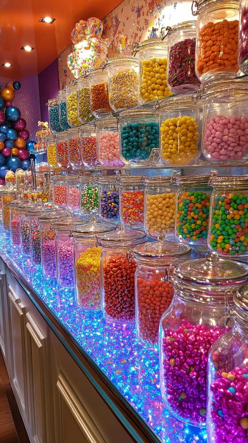 A Sparkling Candy Counter Filled with Jars of Brightly Colored Sweets ...