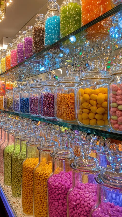 A Sparkling Candy Counter Filled with Jars of Brightly Colored Sweets ...