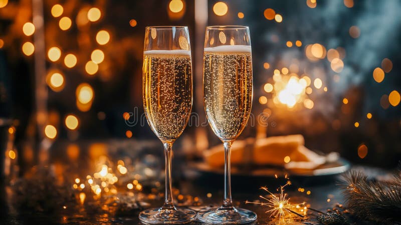 Sparkling Celebration with Two Glasses of Champagne and Festive Bokeh ...