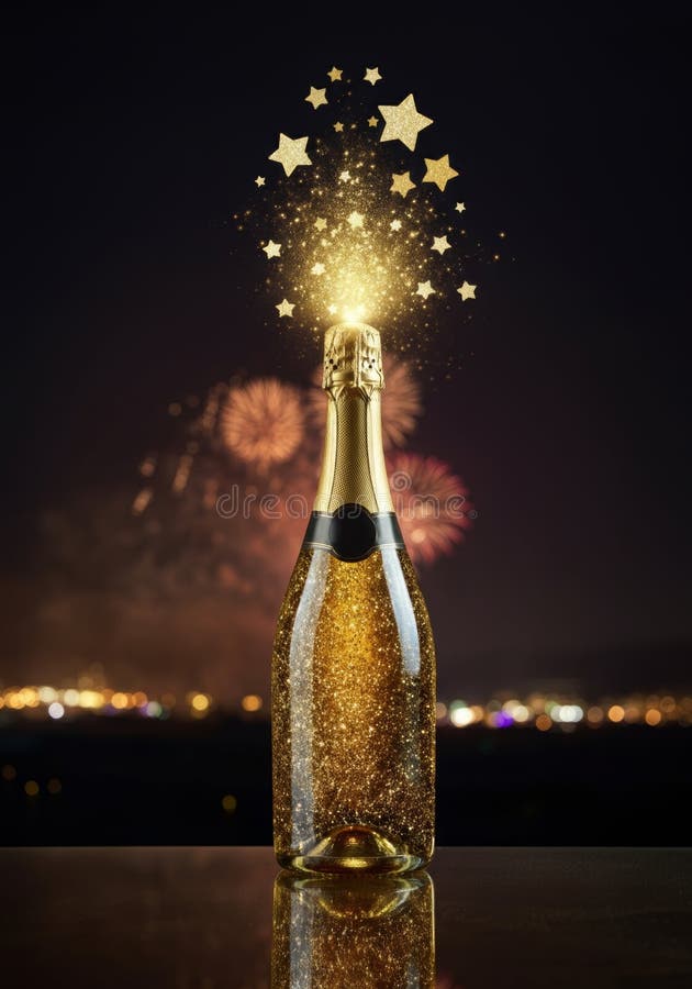 Sparkling Champagne Bottle with Stars and Fireworks in Night Sky ...