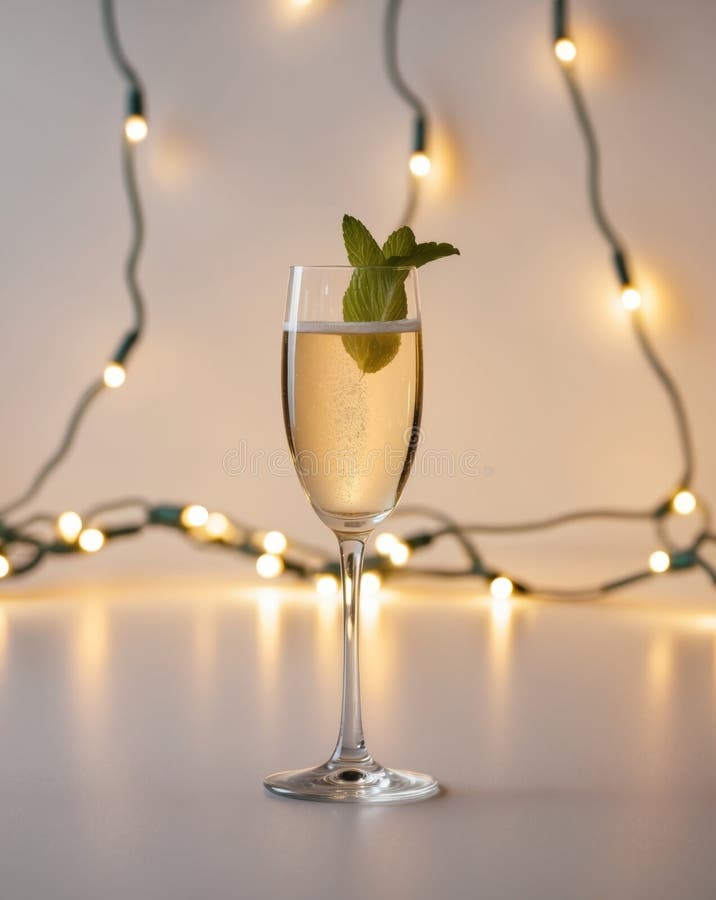 Sparkling Champagne Flute with Mint Garnish Festive Lights Background ...
