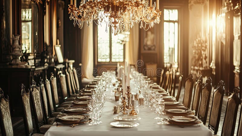 A Sparkling Chandelier in a Grand Dining Room with an Elegant Table ...