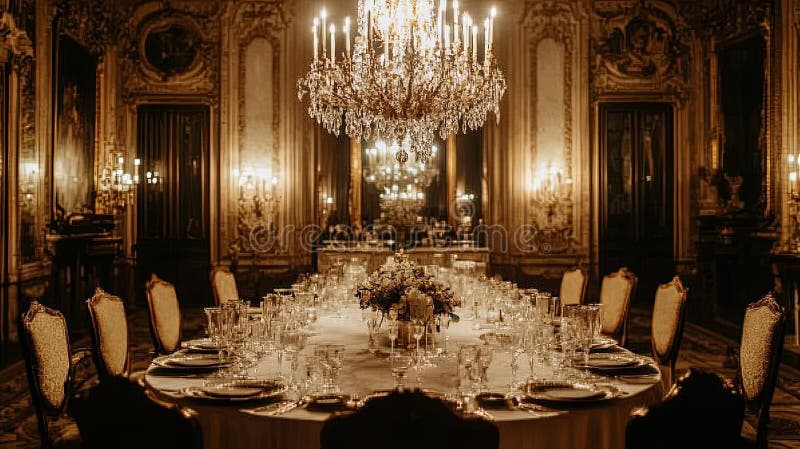 A Sparkling Chandelier in a Grand Dining Room with an Elegant Table ...