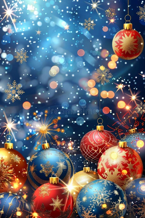 Sparkling Christmas Background with Red, Blue, and Gold Ornaments on a ...