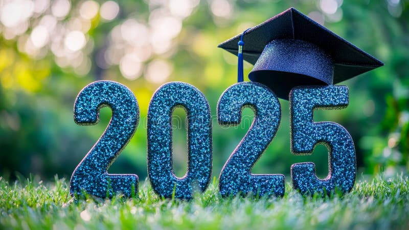Sparkling Class of 2025 Numbers with Graduation Cap on Lush Green Grass ...