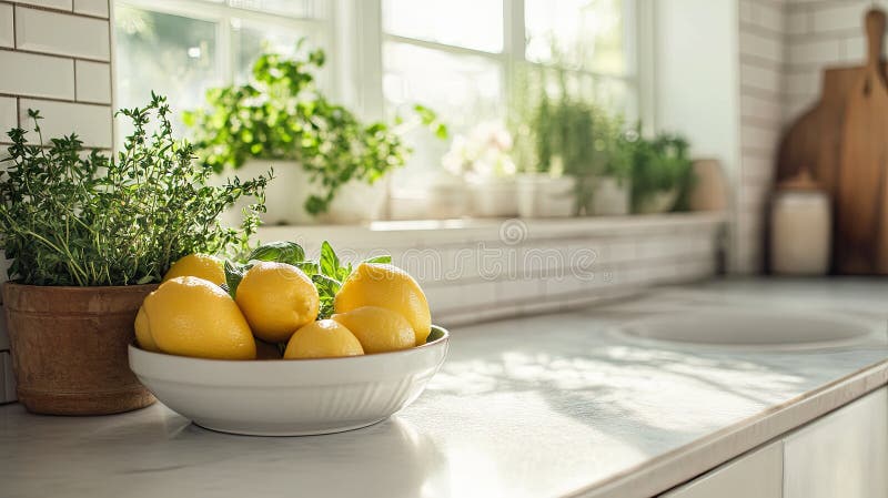 A Sparkling Clean Kitchen Counter with a Bowl of Lemons and Fresh Stock ...