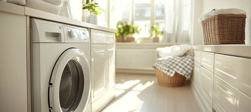 Sparkling Clean Laundry Room Modern Washing Machine and Storage in ...