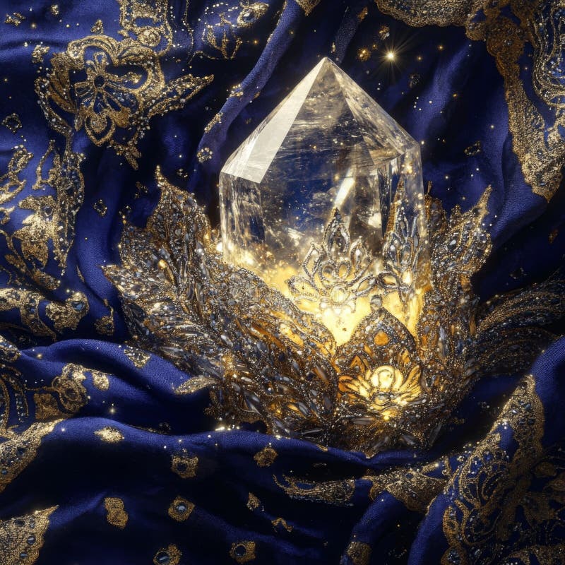A Sparkling Clear Quartz Crystal Point is Positioned on Purple Silk ...