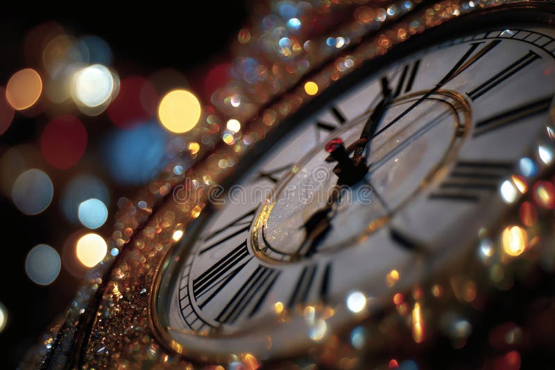 Sparkling Clock Face Approaching Midnight during a Festive Celebration ...