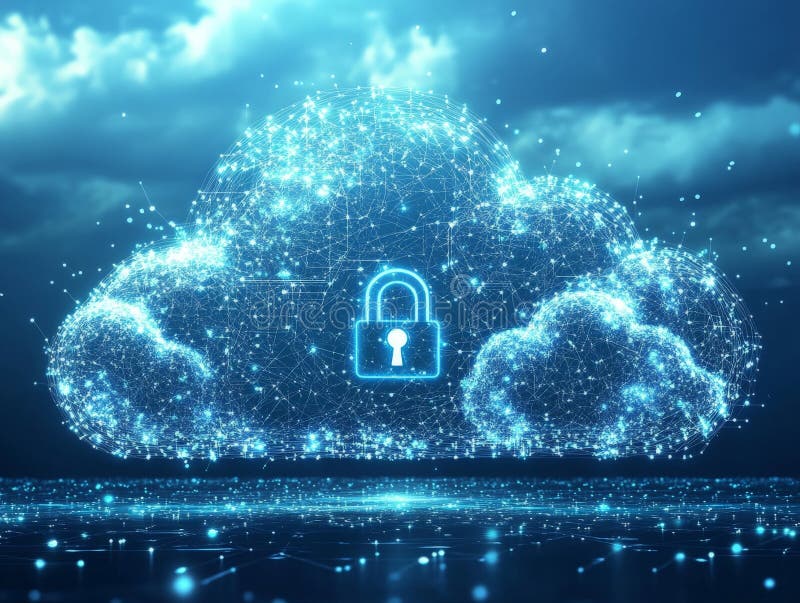 Sparkling Cloud Made of Luminous Particles with a Central Padlock Icon, Symbolizing Data ...