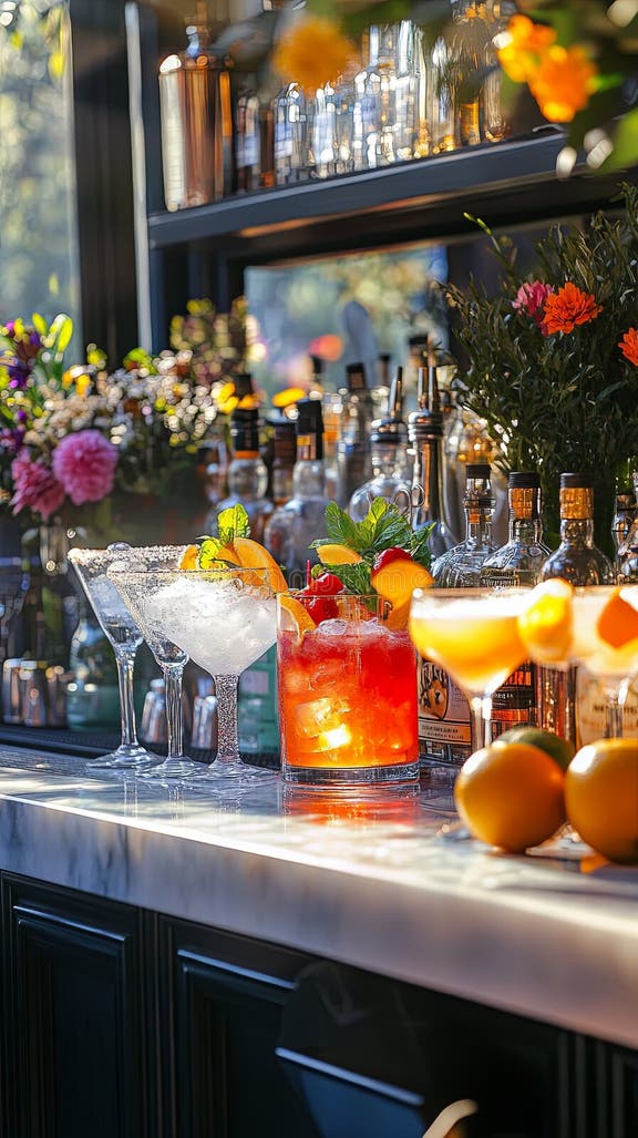 A Sparkling Cocktail Bar with an Array of Colorful Drinks and Stock ...