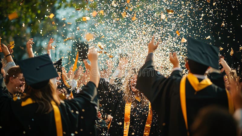 Sparkling Confetti Raining Down on Cheering Graduates. Stock Image ...