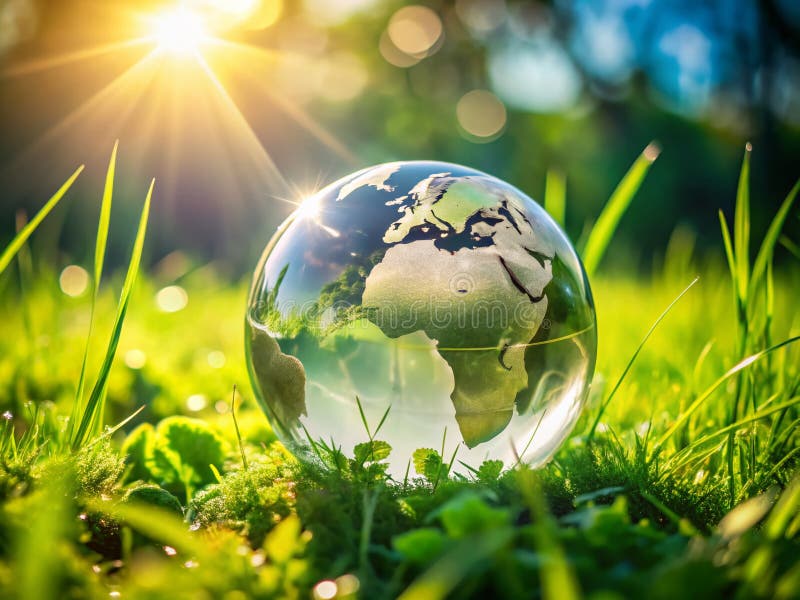 Sparkling Crystal Earth Globe on Lush Green Grass a Visual ...