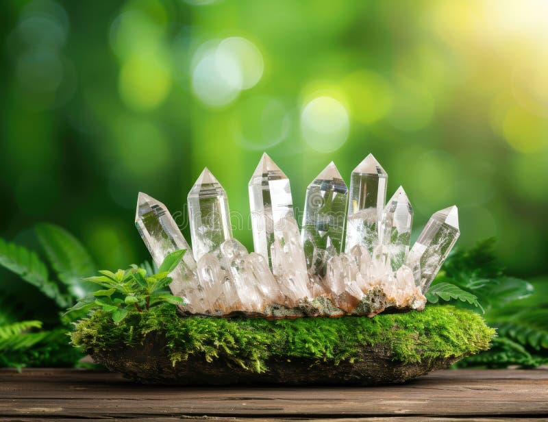 Sparkling Crystal Quartz Cluster on Moss-covered Log Stock Illustration ...