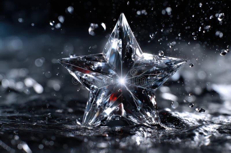 Sparkling Crystal Star Surrounded by Splashes of Water in Dark Setting ...