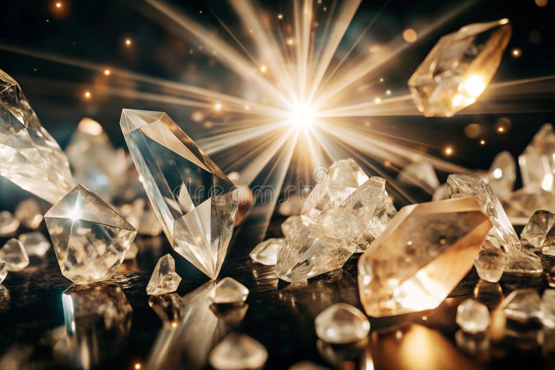 Sparkling Crystals on Dark Surface, Illuminated by Light Rays Stock ...