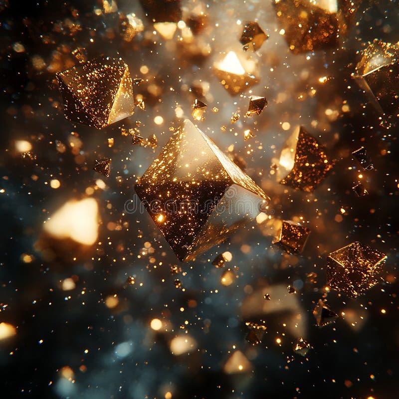 Sparkling 3D Golden Cubes Floating in Dark Space with Glowing Effects ...