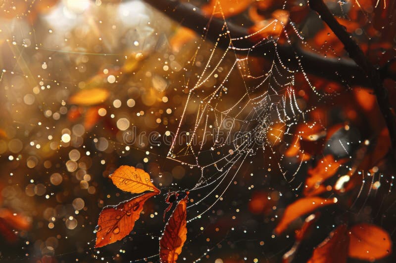 Sparkling Dew on Spider Web in Autumn Light Stock Illustration ...