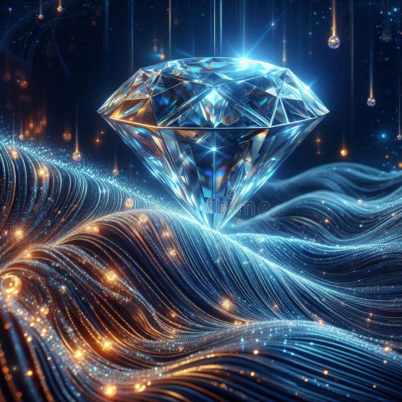 Sparkling Diamond on a Dynamic Blue Wave Background Stock Illustration ...