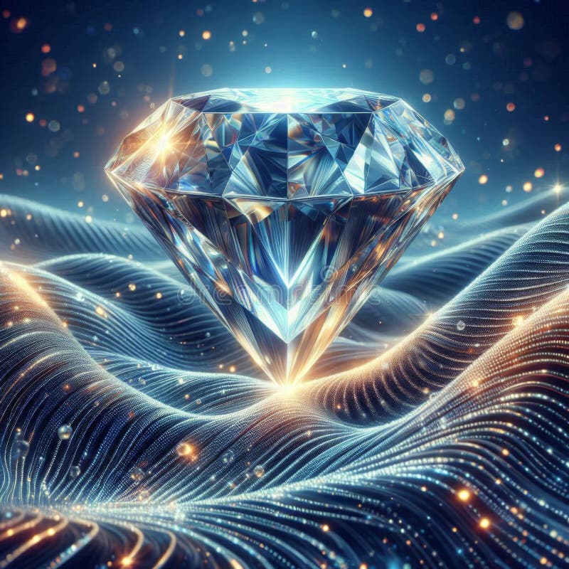 Sparkling Diamond on a Dynamic Blue Wave Background Stock Illustration ...