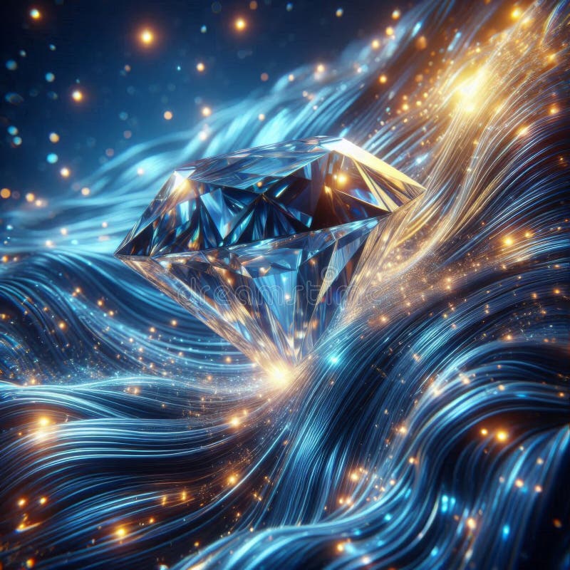 Sparkling Diamond on a Dynamic Blue Wave Background Stock Illustration ...
