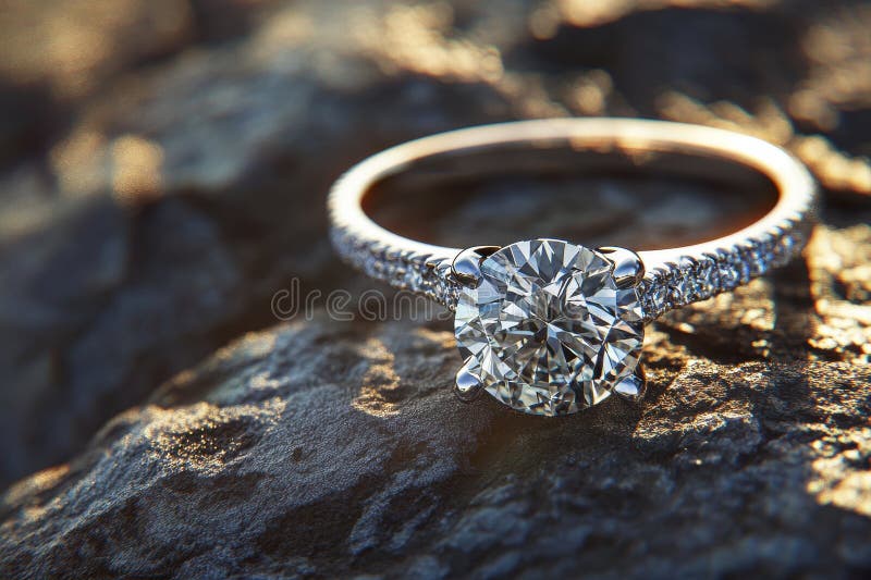 A Sparkling Diamond Engagement Ring Set on a Textured Rock Surface ...