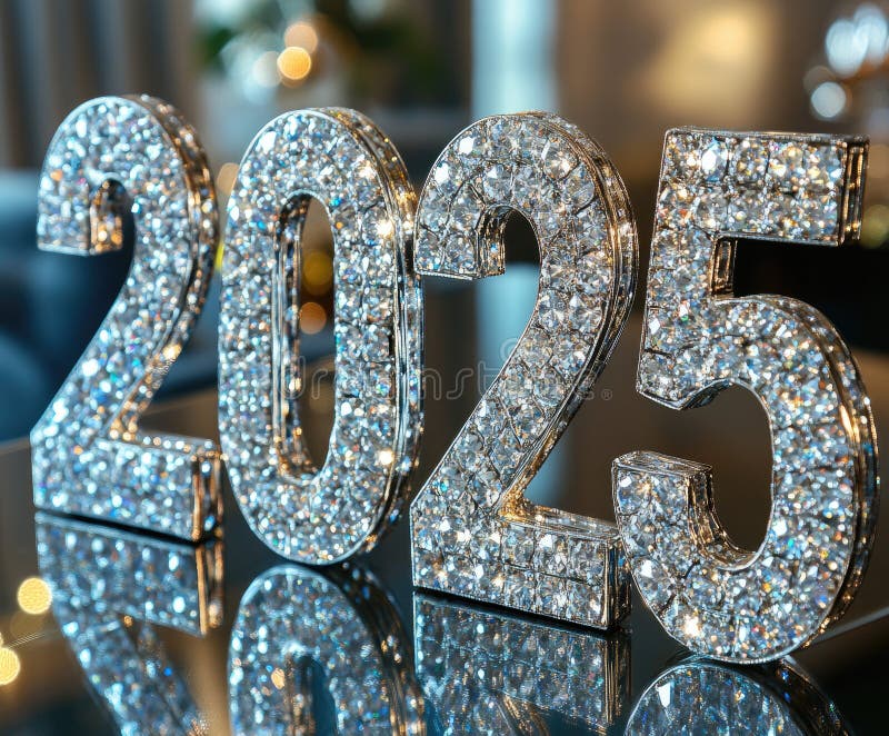 2025 Sparkling Diamond Numbers Reflecting on Table Stock Illustration ...