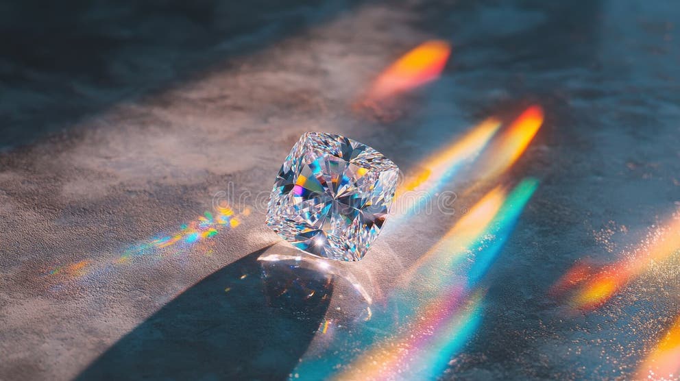 Sparkling Diamond Reflecting Prismatic Colors on Textured Surface Stock ...