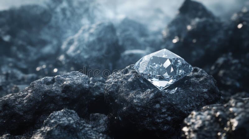 Sparkling Diamond Rests upon Dark Volcanic Rocks Stock Illustration ...