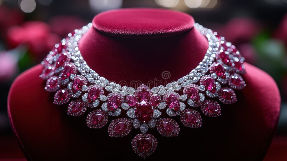 Luxurious Ruby and Diamond Choker Necklace on Red Velvet Display Stock Illustration ...