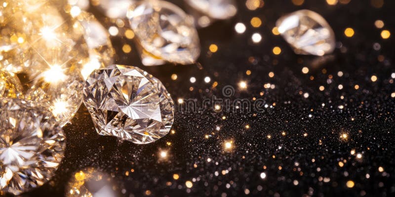 Sparkling Diamonds on Black Surface with Glowing Light Reflections ...